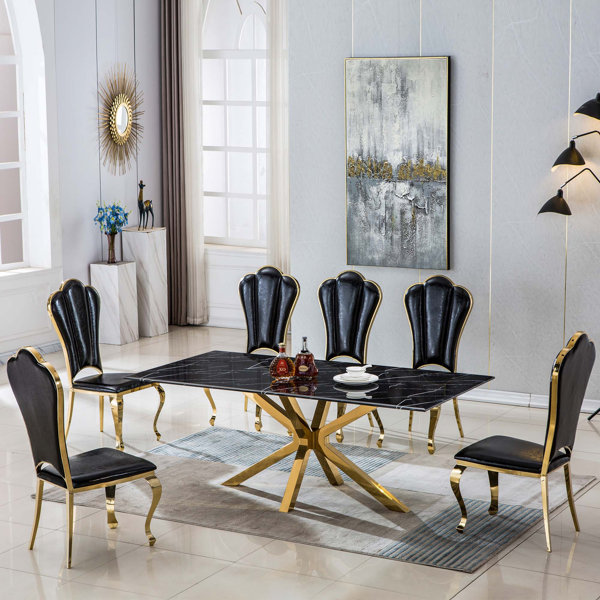 Latitude Run® Marble Reflections: Rectangular Dining Table with Stainless Steel Frame and ...